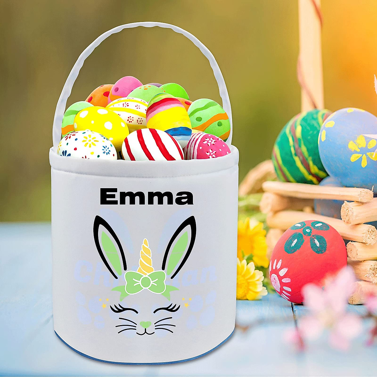 Personalized Easter Basket for Girls Boys with Handle Custom Easter Canvas Tote Bags with Name Buny Gifts