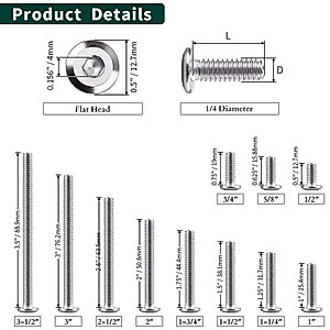 1/4-20 x 1-1/2" Hex Socket Head Cap Screws, 304 Stainless Steel 18-8, Chamfered Countersunk Machine Screws for Furniture, Binding, Machinery, Automotive, DIY Projects, 50 PCS