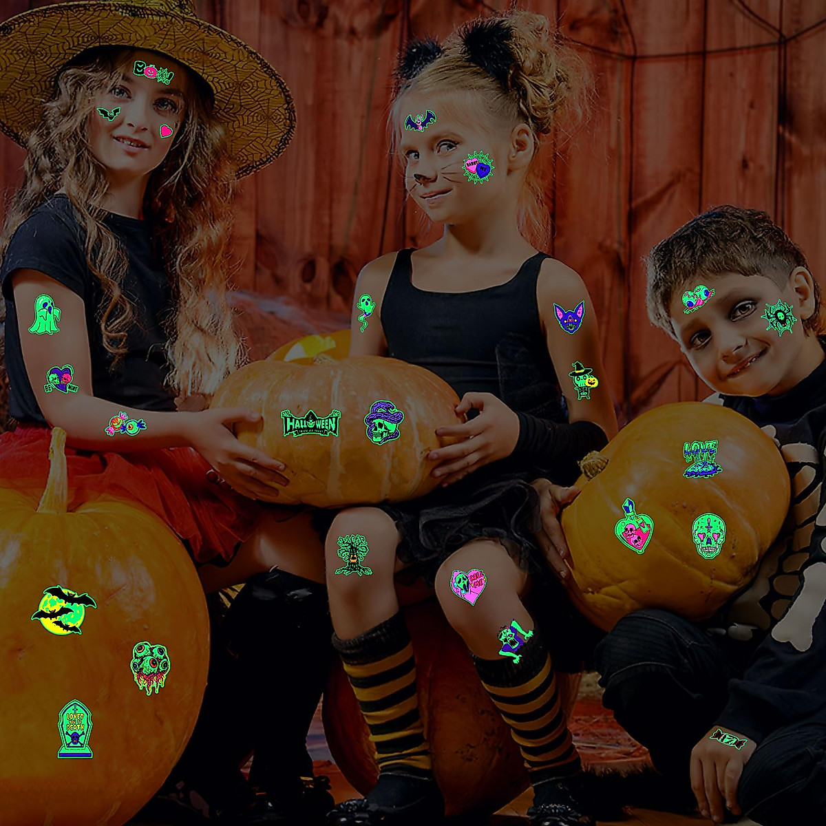 Sixberry Glitter Halloween Temporary Tattoos for Girls, 20 Sheets Glow in the Dark Tattoo Stickers for Kids Women Men Halloween Cosplay Costume Accessories Party Favor Decorations Supplies