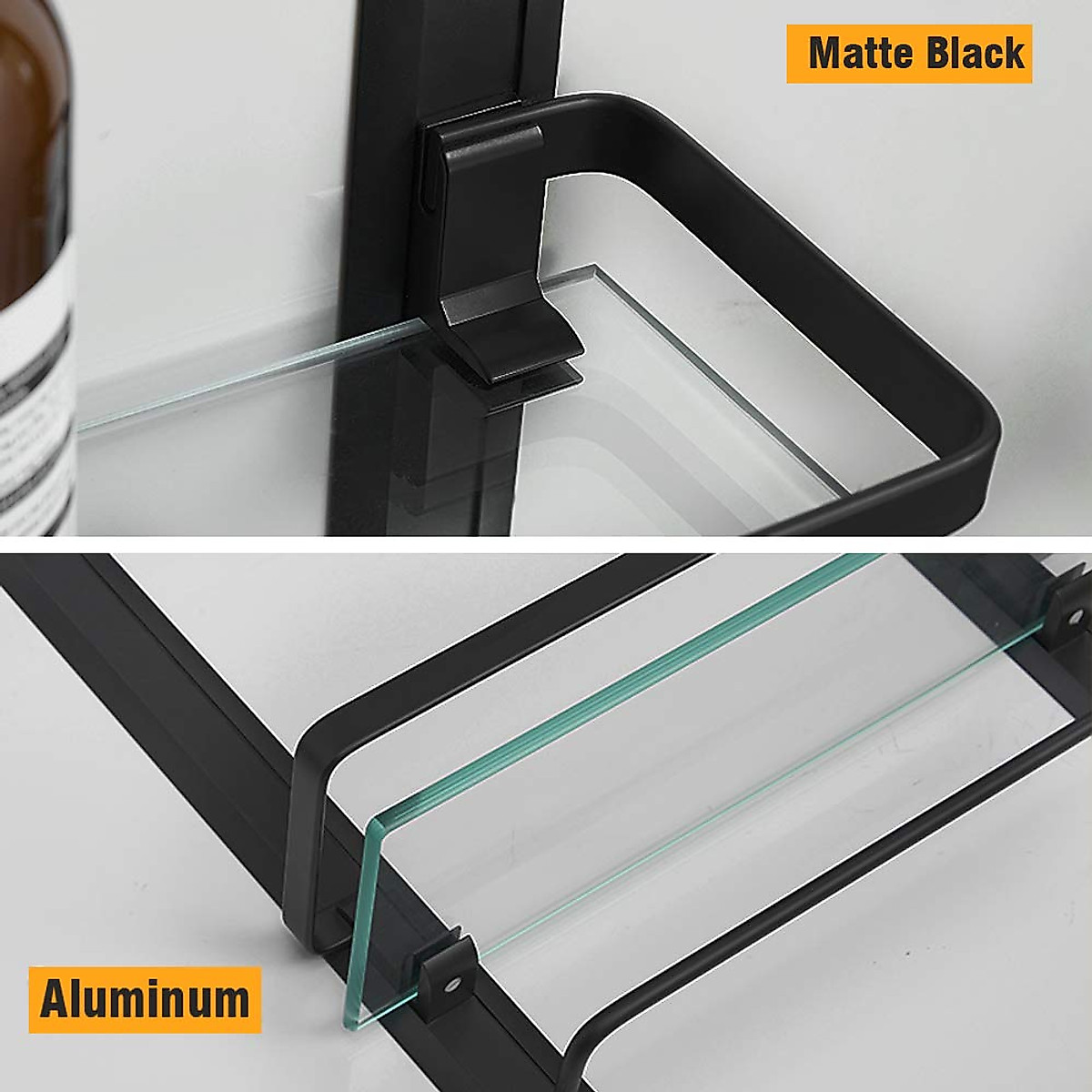 BESy Heavy Duty Lavatory Glass Bathroom Shelf, 2 Tier Tempered Glass Shower Shelves with Towel Bar Wall Mounted, Shower Storage 15 by 5 inches, Matte Black Finish/Aluminum