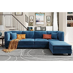 Vongrasig 5 Pieces Modular Sectional Sofa Couch with Reversible Chaise 116" Velvet L-Shaped Couch Sofa 4-seat Modular Large Sectional Couch with Ottoman for Living Room, Upholstered Cushion (Blue)