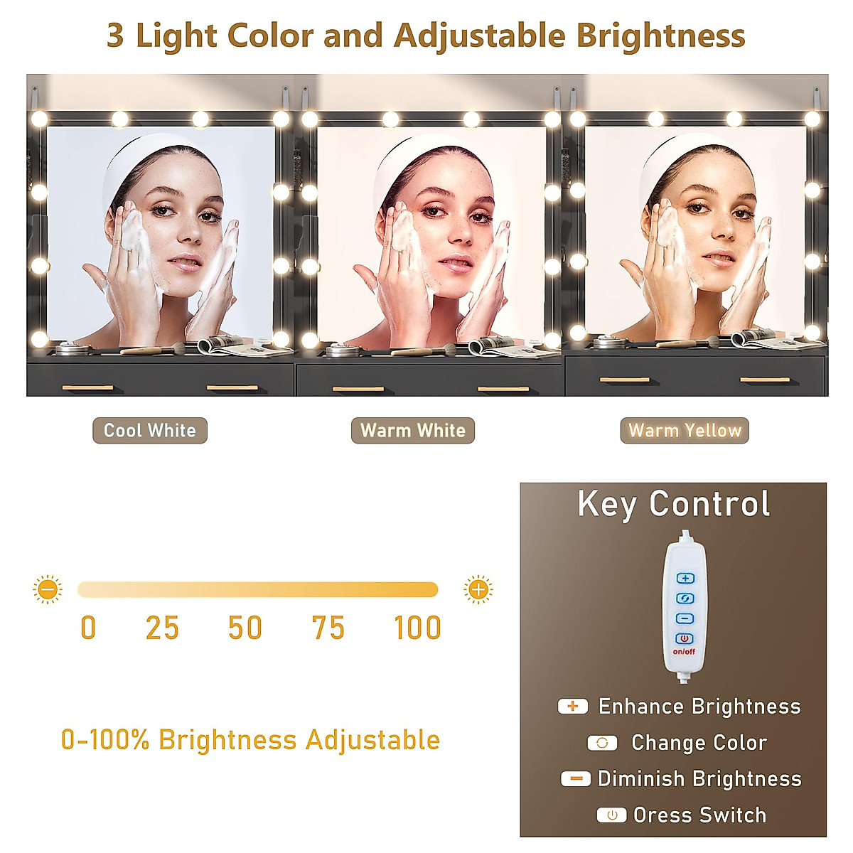 jiteentarou Glass Top Vanity Desk with Mirror and Lights, Large Vanity Makeup Mirror Desk with Charging Station Compartment Storage Drawers, Modern Makeup Vanity with 9 Drawers 6 Shelves, Black