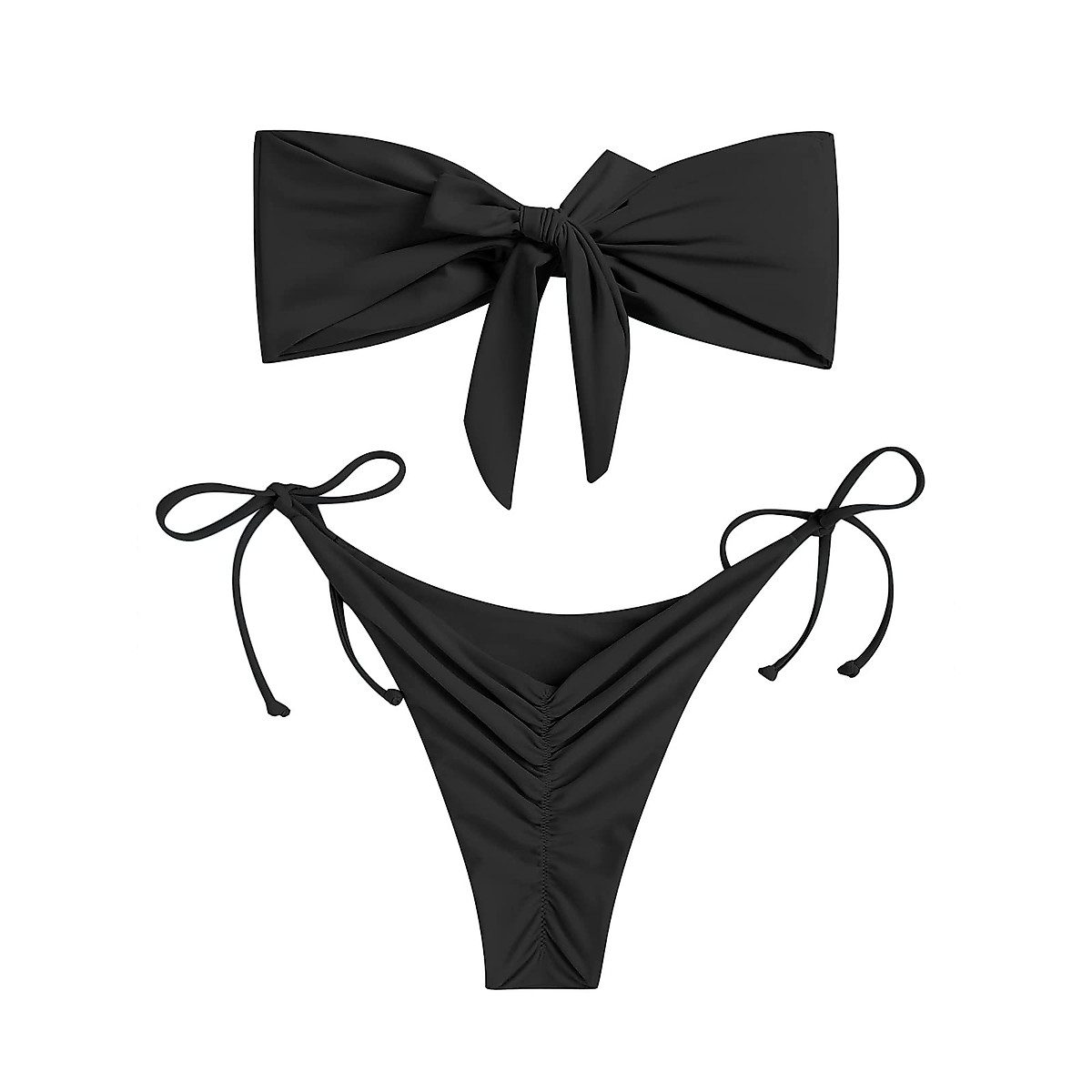 ZAFUL Knotted Bandeau Bikini for Women Strapless Swimsuits High Cut Bathing Suit Sexy Cheeky Tie Side Swimwear Black S