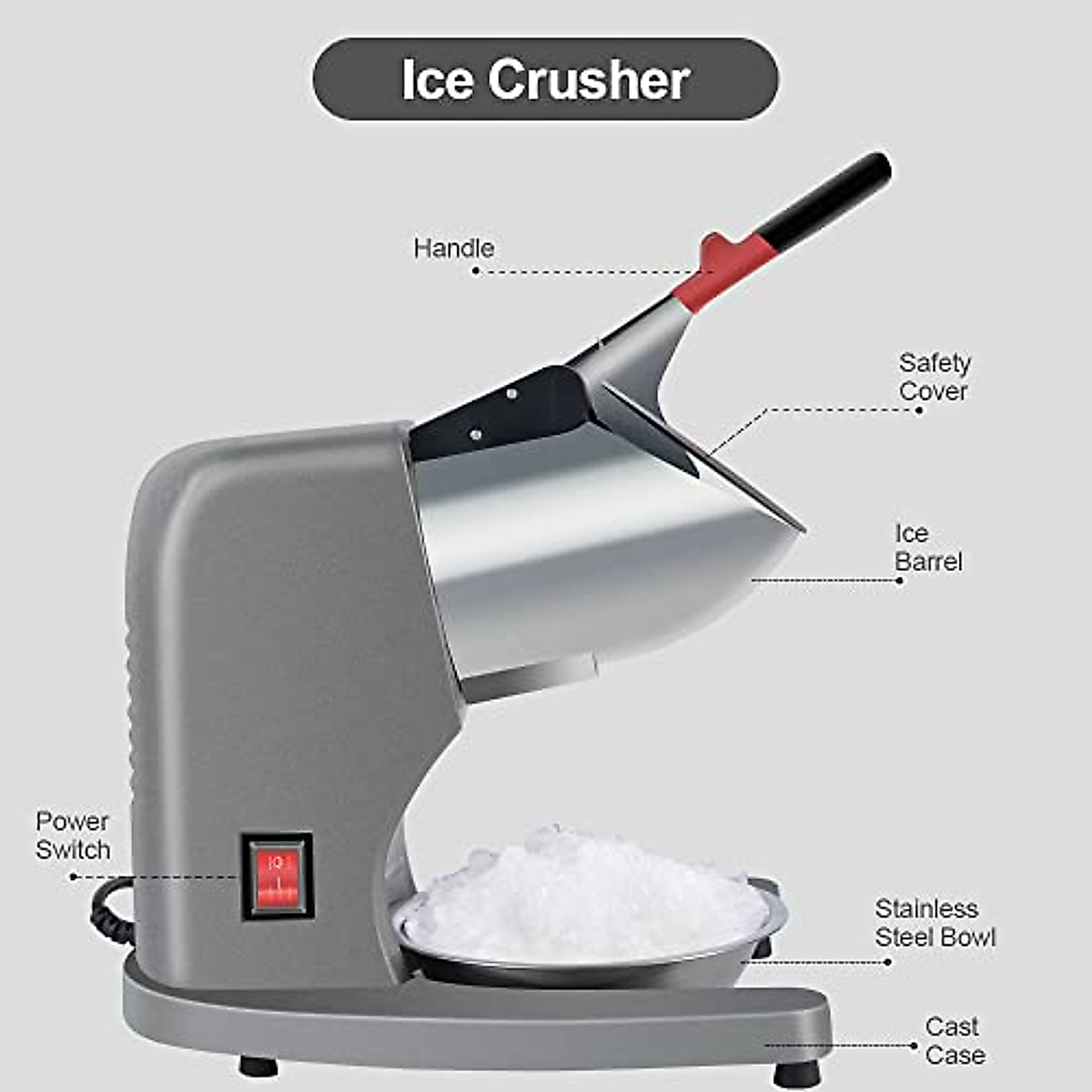 Electric Shaved Ice Machine 11 Inch Height 380W Three Blade Ice Crusher Snow Cone Maker Machines 220lbs/hr for Home and Commercial Use (Silver)
