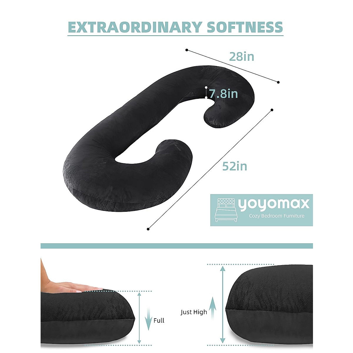 yoyomax Pregnancy Pillows, C Shaped Full Body Maternity Pillow Memory Foam Pregnancy Pillow with Removable Cover, 52 Inch Pregnancy Pillows for Sleeping (Black)
