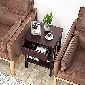 Homykic Nightstands Set of 2, Bamboo Solid Wood Bedside Table Night Stand with Drawer and Storage Shelf, Accent End Table Side Table for Bedroom, Living Room, Space Saving, Easy Assembly, Espresso