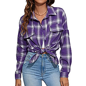 BMJL Womens Flannel Shirts Button Down Shirt Plaid Shacket Collared Long Sleeve Blouses Western Outfit Fall Tops Fashion 2023(Purple Plaid S)