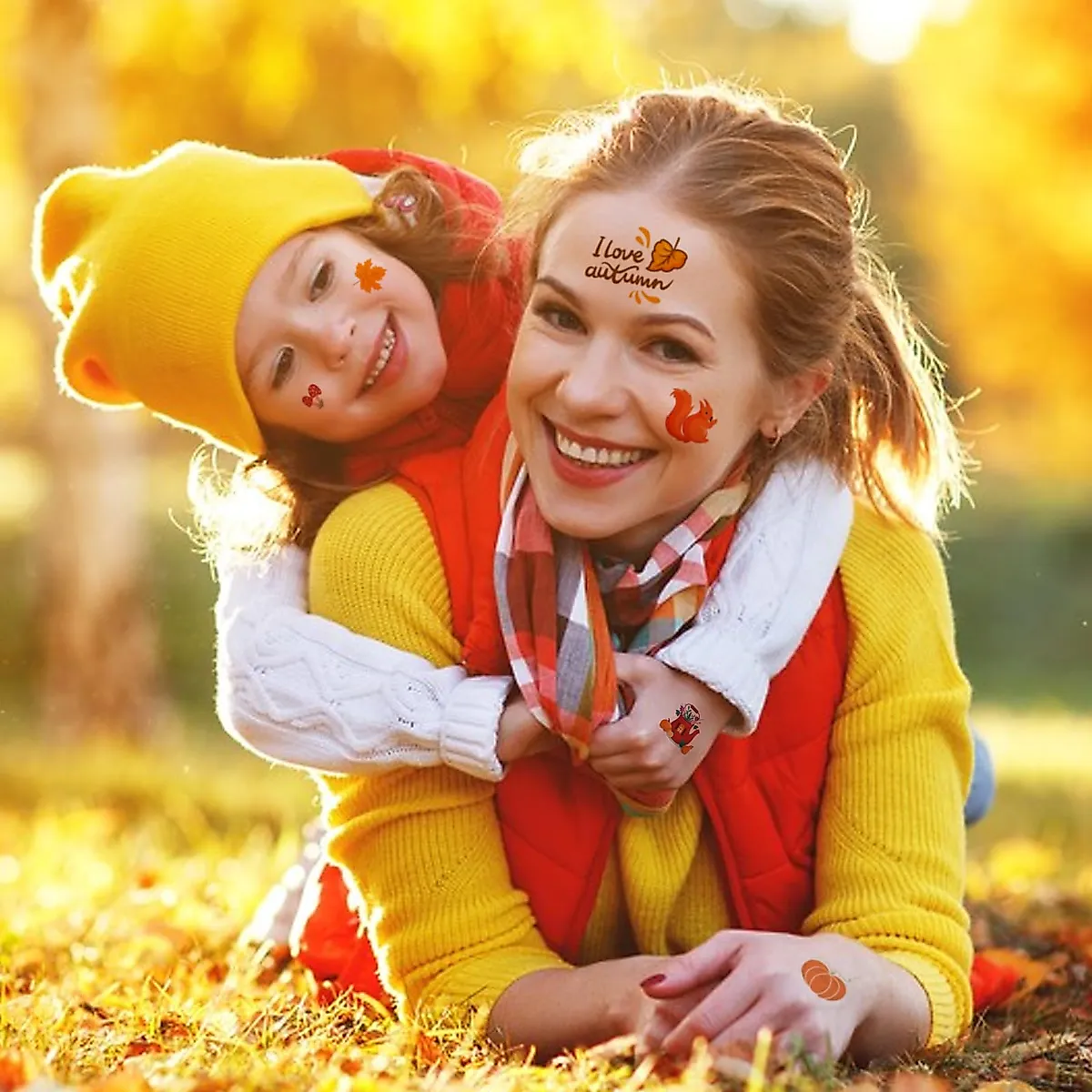 65 Pieces Fall Temporary Tattoos for Kids, 12 Sheets Autumn Harvest Thanksgiving Temporary Tattoo Stickers With Pumpkin Maple Leaves Squirrels Deer Design for Fall Party Decorations Favors Festival