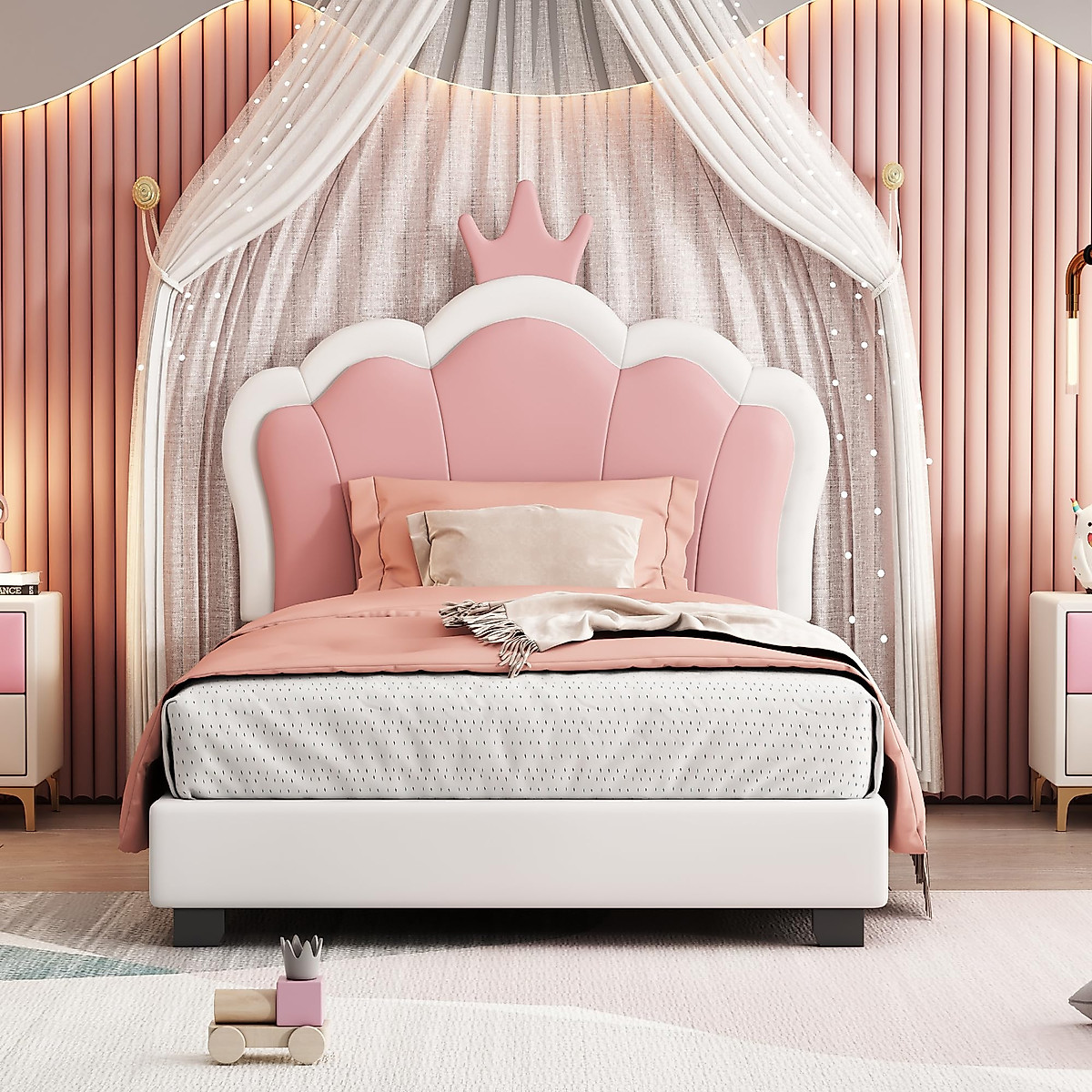 GYYBED Twin Size Upholstered Princess Bed with Crown Headboard,Princess Bed Frame for Girls,Pink Bed Frame cama para niña (Twin)