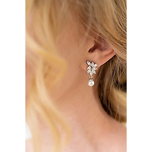 SWEETV Cubic Zirconia Pearl Wedding Bridal Earrings for Brides Bridesmaids, Silver Pearl Drop Earrings for Women Prom Jewelry Gifts