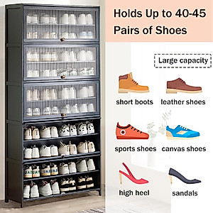 WMIASIN Bamboo Shoe Cabinet, Large Shoe Cabinet with Flip Doors, Shoe Storage Cabinet, Tall Freestanding Shoe Rack Organizer for Entryway, Hallway, Dark Gray…