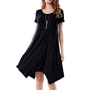 Invug Women Casual Loose Soft Crewneck Short Sleeve Pockets Swing T-Shirt Zigzag Hem Dress Black L