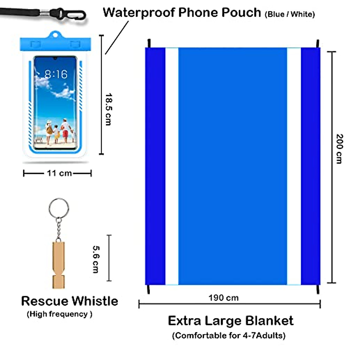 Gold Roc Sandless Beach Blanket & Waterproof Phone Pouch & Outdoor Survival Whistle, Extra Large Outdoor Picnic Mat, Pocket Camping Mat for Travel, Camping, Hiking (Blue, Large)