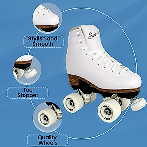 Sure-Grip White Fame Roller Skates for Women - Made of Nylon & Aluminum - 57mm Polyurethane Indoor Wheels for Skating - Super X Trucks Extended Support for Larger Sizes - Suitable for Beginners
