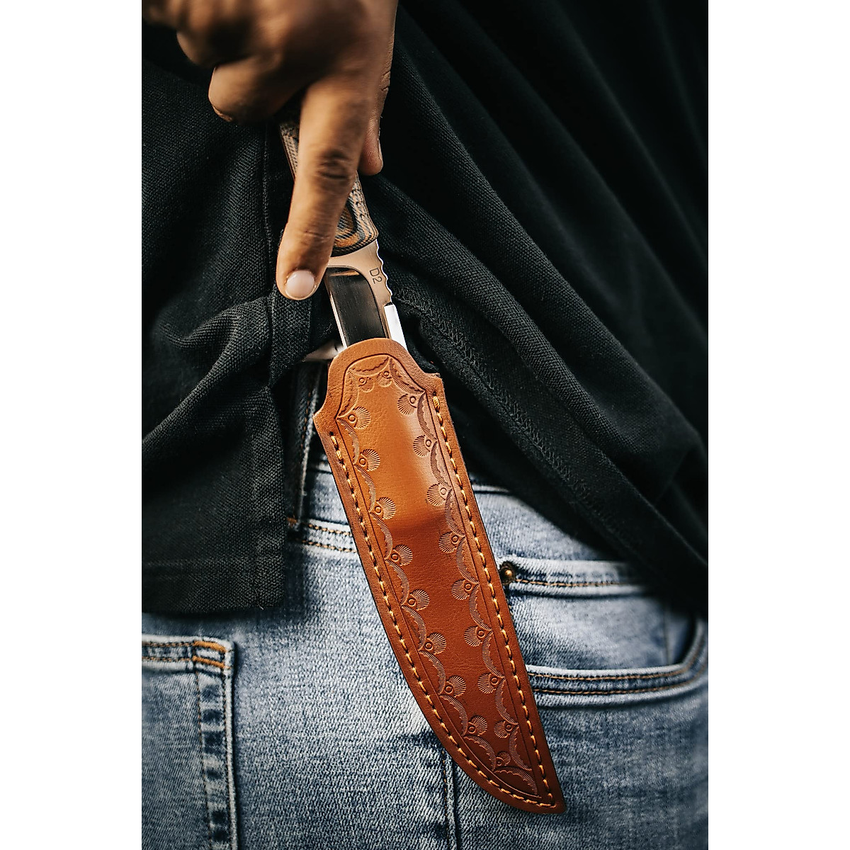 AUBEY Fixed Blade Hunting Knife, 4.52 inch D2 Steel Blade Survival Knife with Leather Sheath Wood Handle, Full Tang Camping Knife for Men Women