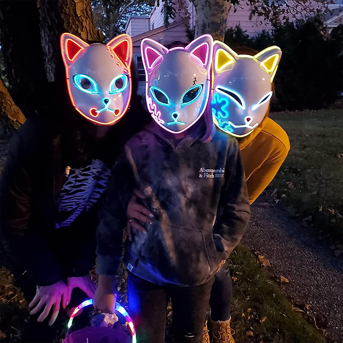 ZZXIAOJIE 3Pcs Demon LED Mask Costume Props Japanese Anime Plastic Fox Face Cosplay Glowing Masks for Adult Masquerade