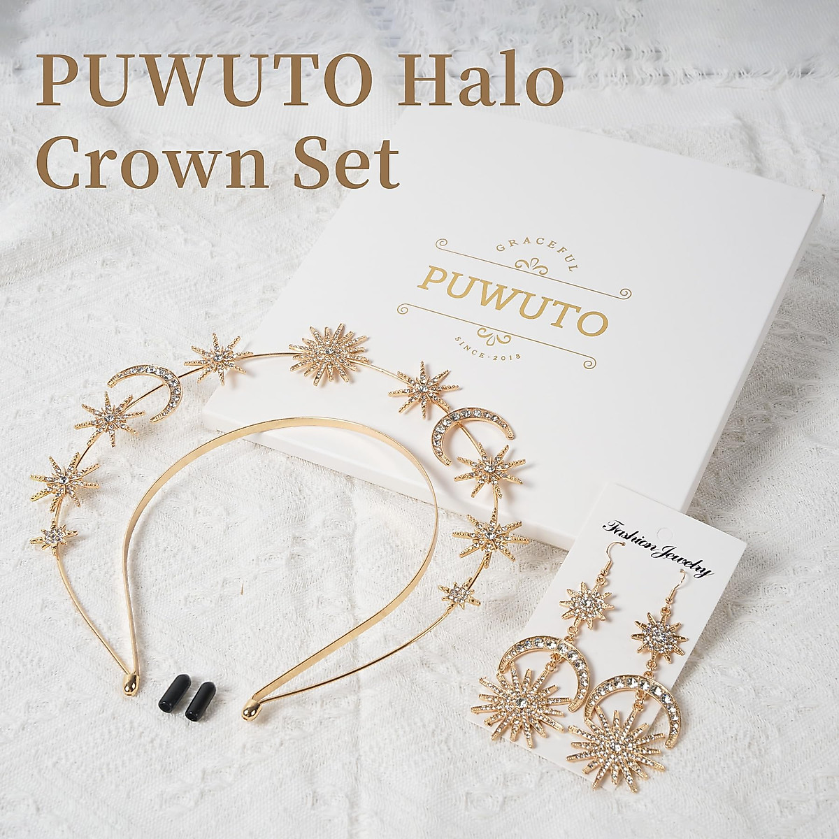 puwuto Halo Crown - Stars Crystal Goddess HeadBand with Earrings Mary Metal Halo Headpiece Celestial Crowns Tiaras for Women Bridal Wedding Costume Cosplay Party Goddess Accessories - Gold, Metal,