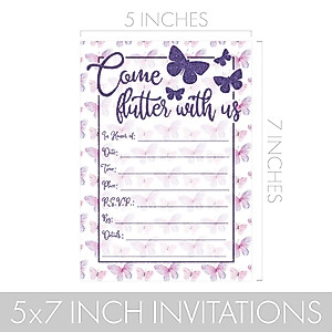 DISTINCTIVS Butterfly Birthday Party Invitations - Purple Butterfly Wishes - 10 Fill In Invite Cards with Envelopes - Come Flutter With Us Themed Party Supplies