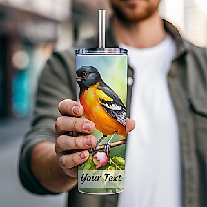 Personalized Custom Name Text Oriole In Tree Bird Watercolor Skinny Tumbler 20oz with Straw Insulated Water Bottle Gift - 1 Line Horizontal