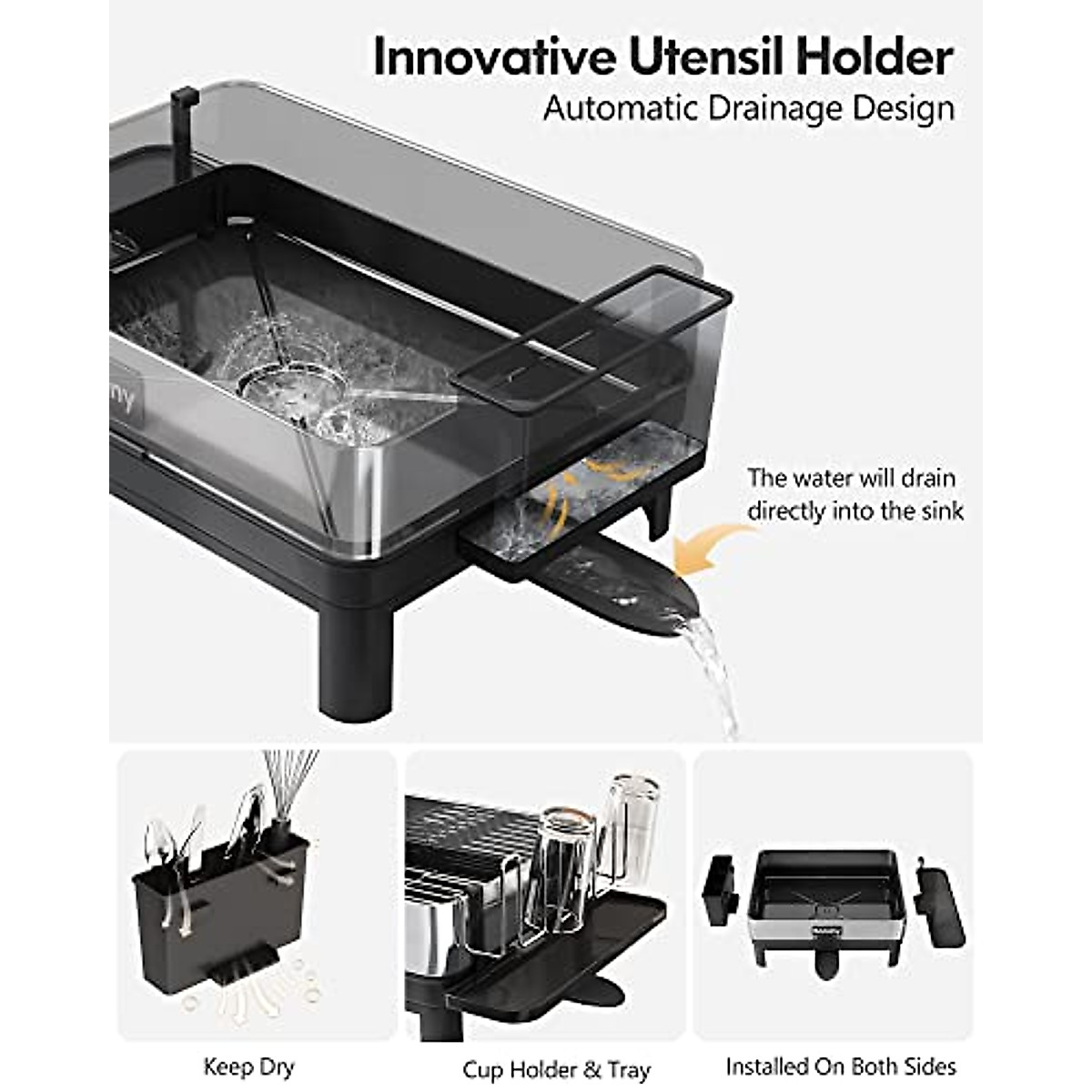 BOOSINY Dish Racks for Kitchen Counter, 304 Stainless Steel Large Dish Rack and Drainboard Set, Full Size Dish Drainer with Swivel Spout Drainage, Utensil Holder and Cup Holder for Big Family