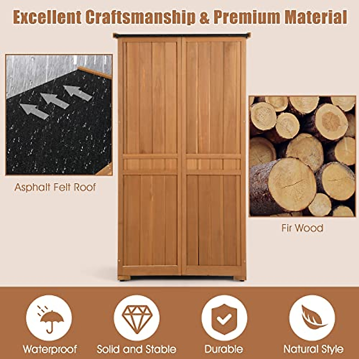 Goplus Outdoor Storage Cabinet, 63” Wood Garden Tool Shed with Double Lockable Doors 3 Shelves and Asphalt Roof, Multipurpose for Patio Lawn Garden Yard, Natural