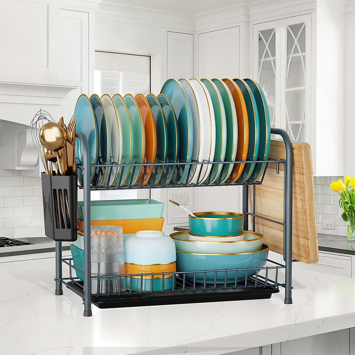 Naturous Dish Rack, 2 Tier Dish Drying Rack Kitchen Organizer with Drain Board, Utensil Holder, Cutting Board Holder, Gray
