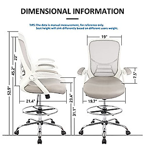 HYLONE Drafting Chair, Tall Office Chair Standing Desk Stool with Adjustable Foot Ring, Flip-Up Arms, Mesh High-Back Drafting Table Chair, Grey