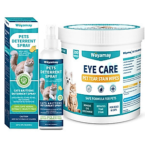 Cat Deterrent Spray, Eye Wipes for Dogs & Cats, Cat Scratch Deterrent for Furniture Indoor & Outdoor, Prevent Scratching, Digging & Chewing, 200 Count Cat Dog Eye Wipes Tear Stain Remover Eye Debris