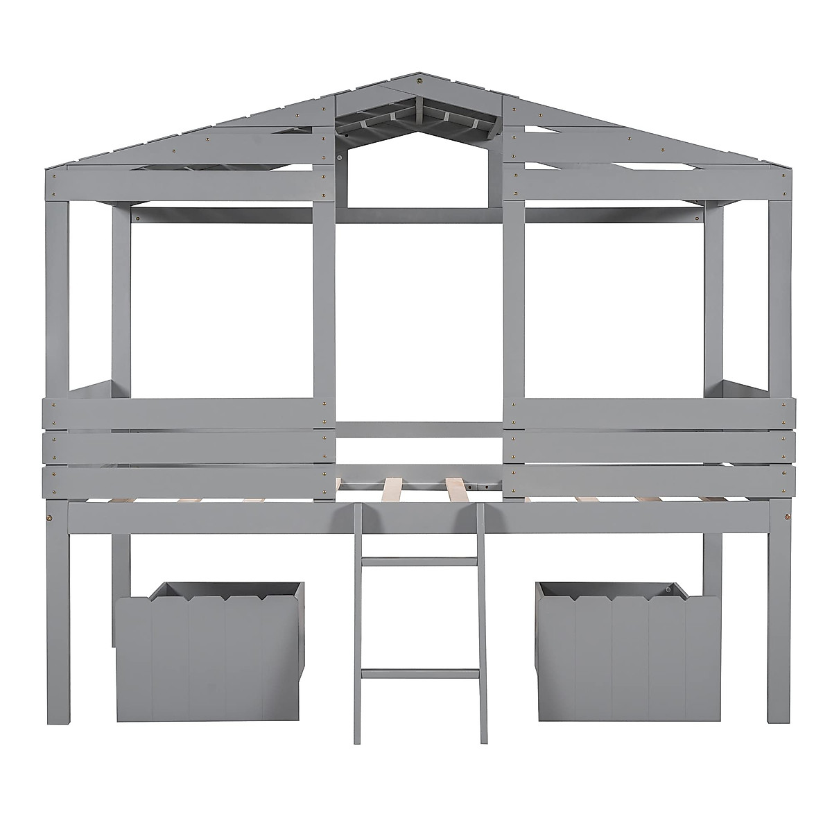Twin House Bed with Storage Drawers Low Loft Beds Wood Playhouse Bed Frame for Kids Boys Girls Children, Gray