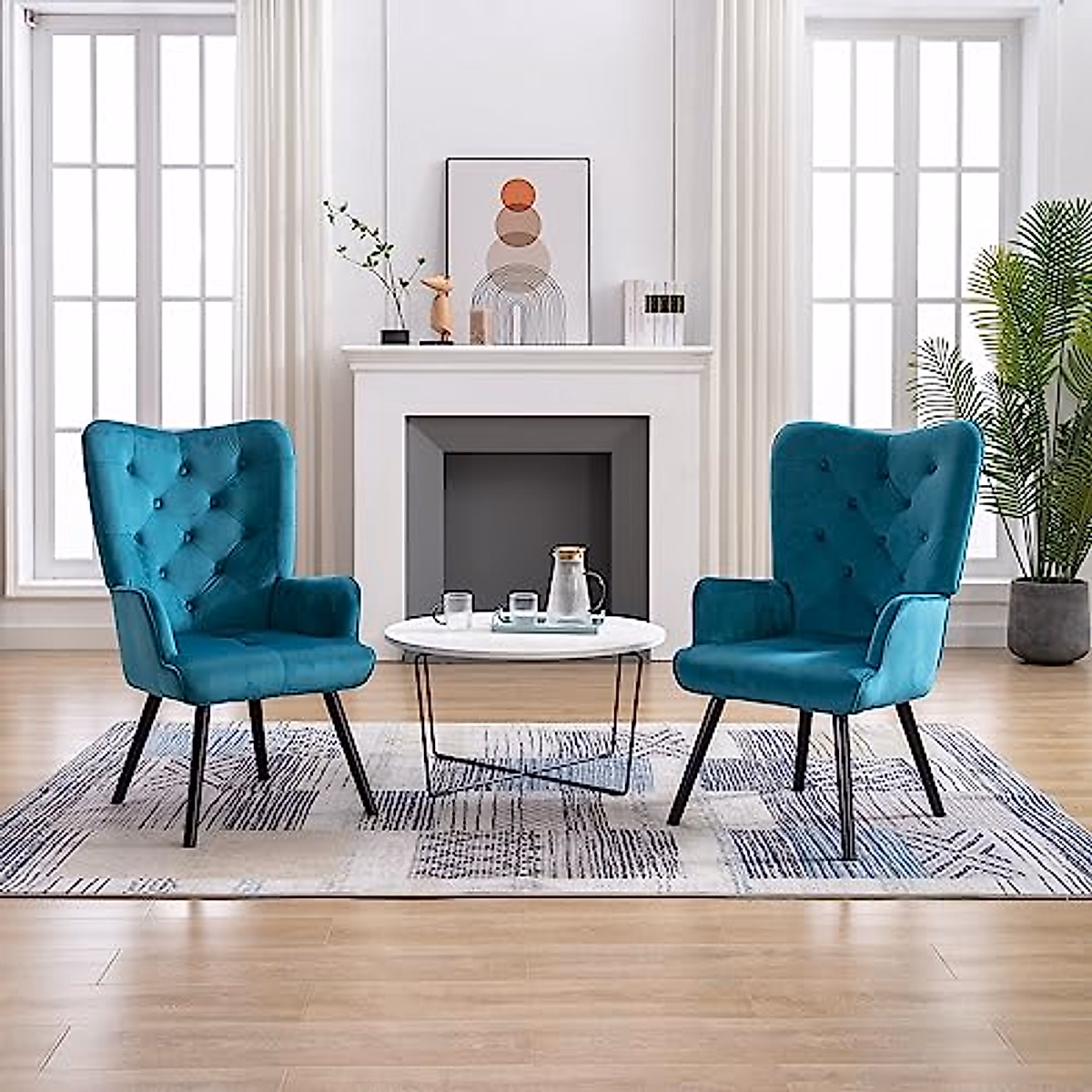 Accent Chairs Set for Living Room- Mid-Century Modern Comfy Reading Chair for Bedroom Adults Armchairs Sillones para Sala Sofa Tall Wingback Arm Chairs Microfiber Cushioned (Teal, 2 Chairs)