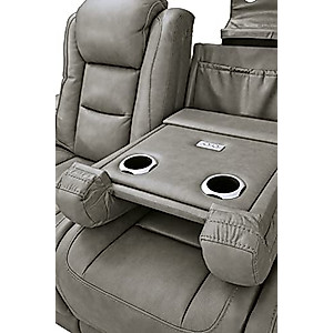 Signature Design by Ashley The Man-Den Leather Power Reclining Sofa with Adjustable Headrests & Wireless Charging, Gray