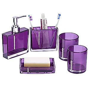 Yosoo 5 Piece Bathroom Accessory Set, Acrylic Gift Set Toothbrush Holder Cup Soap Dispenser Soap Dish Tumbler Straw Set Bathroom, Purple