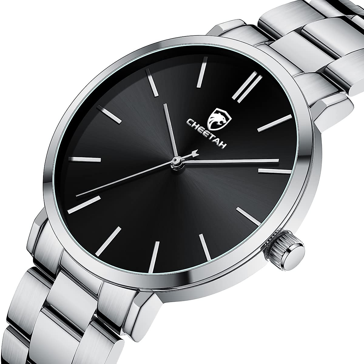 GOLDEN HOUR Men's Watches Slim Minimalist Runway Silver Stainless Steel Quartz Analog Watch with Black Face