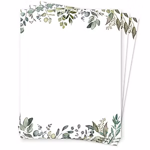 Leaf Border Stationery Writing Paper 100 Sheets, Greenery Letterhead Paper 8.5 x 11 Inches, Elegant Writing Paper, Pretty Stationary Paper, Decorative Printer Paper