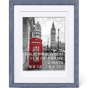11x14 Rustic Blue Picture Frame Wooden Frame with 2 Mats for 8x10 or 9X12 Picture, 8x10 Picture Frame 9x12 Matted Picture Frame or 11x14 without Mat - Rustic Picture Frame 11x14 Wall Tabletop Display