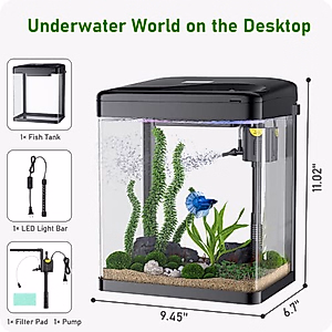 PONDON Betta Fish Tank, 2 Gallon Glass Aquarium, 3 in 1 Fish Tank with Filter and Light, Desktop Small Fish Tank for Betta Fish, Shrimp, Goldfish (Black)