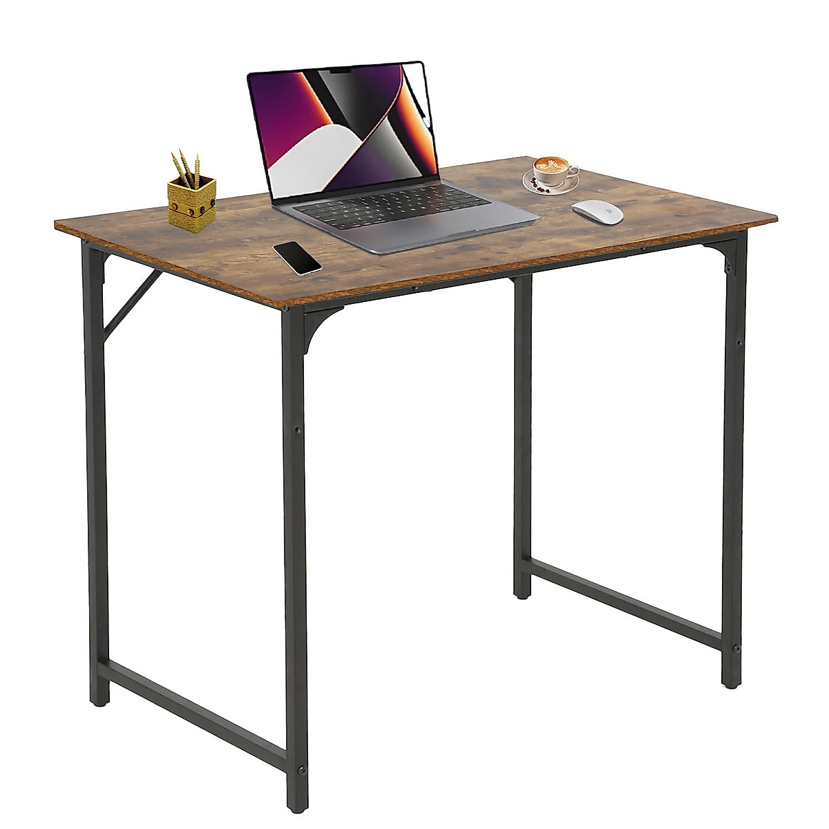 39 Inch Computer Desk, Office Desk Gaming Desk with Metal Frame, Writing Workstation for Home Office, Space Saving Computer Table for Small Space (Brown) 39x19.6x29