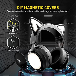 SOMIC GS510 Gaming Headset, Cat Ear Headset PC Gaming Headphones with Retractable Mic Noise Cancelling, Stereo Sound, DIY Face Covers for PC, PS4, PS5,Xbox One(Only White LED Light)