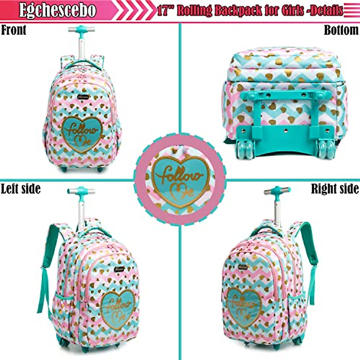 Egchescebo Girls Rolling Backpacks with Wheels 3PCS Heart Backpack Set for School Wheeled Luggage Suitcase Lunch Box Pencil Case Large Capacity Bookbag Adjustable Trolley for Elementary Travel Pink