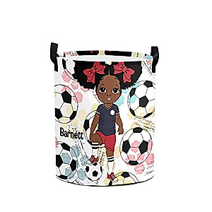 Personalized Laundry Baskets Bin, Afro Sport Black Girl Soccer Laundry Hamper with Handles, Collapsible Waterproof Clothes Hamper, Laundry Bin, Clothes Toys Storage Basket for Bedroom, Bathroom, College Dorm 50L