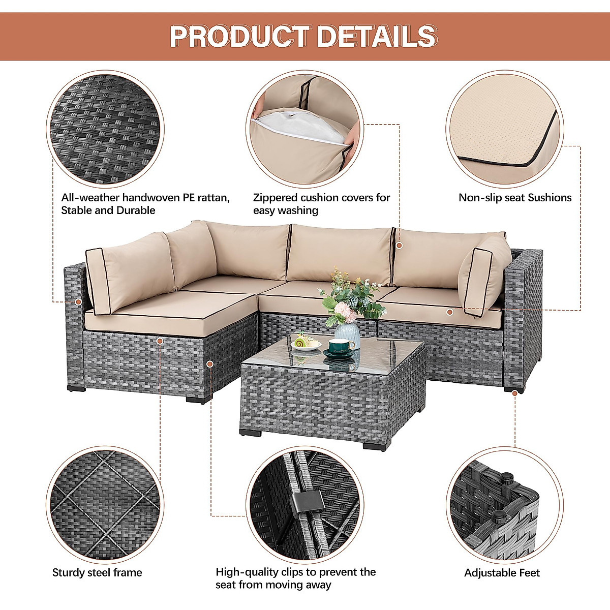 Walsunny Patio Furniture Set, 5 Pieces Outdoor Sectional Sofa Wicker Conversation Sets with Tea Table and Patio Couch Cushions(Khaki)