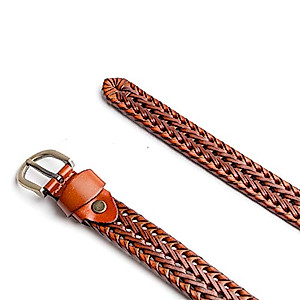ECHAIN Women Braided Woven Genuine Leather Narrow Belt 25mm Wide (Brown, waist:29-34)