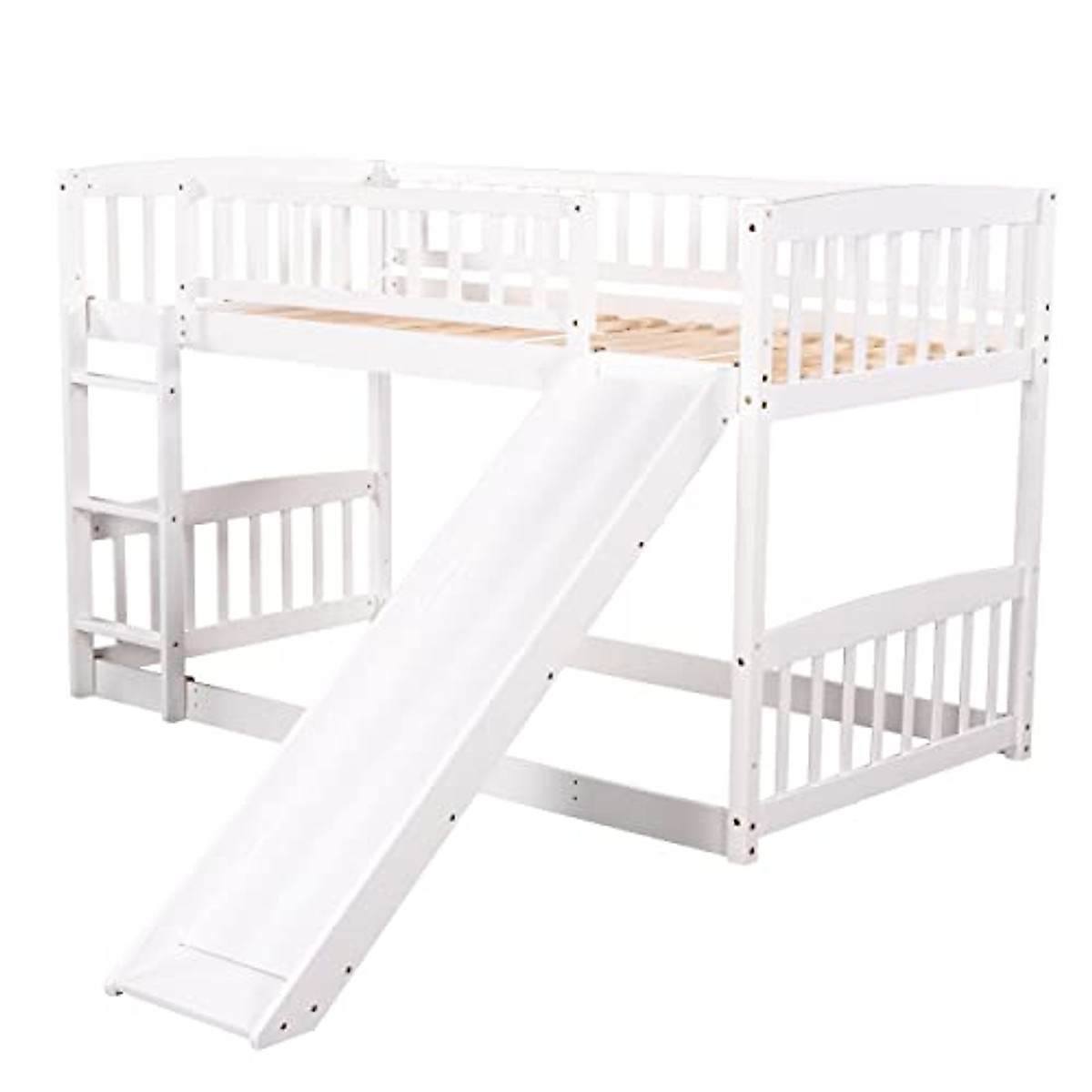 VilroCaz Twin Over Twin Low Bunk Bed with Door Openable Fence, Versatile Bunk Bed with Slide and Built-in Ladder, Solid Wood Bunk Bed Frame for Kids Teens Boys Girls (White)