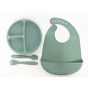 Lila & Jack's Baby Feeding Set, BPA Free, Food Grade Silicone Dinner Plate and Cutlery Set, Learn to Eat on Your Own, Set Includes Spork, Spoon, Bib and Plate (Green), (AT1747)