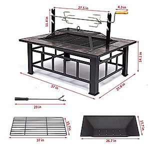 37 Inch Fire Pit with Grill, Outdoor Fire Pit Table, Wood Burning Firepit with Spark Screen for Backyard Garden Patio Picnic