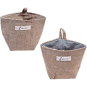 CM Cosmos 2 Pcs Mini Hanging Storage Bag Cotton Linen Small Storage Basket Decor Bin Bag for Wall Door Closet (Blue & Yellow Dot Pattern)