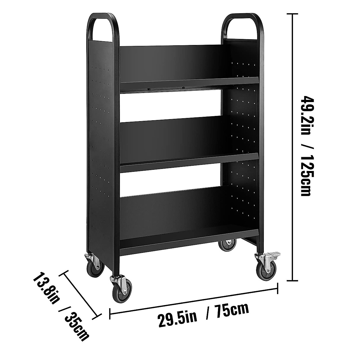 VEVOR Book Cart, 200LBS Library Cart, Single Sided V-Shaped 30x14x49 Inch Rolling Book Cart, Sloped Shelves with 4 Inch Lockable Wheels for Home Shelves Office and School Book Truck in Black
