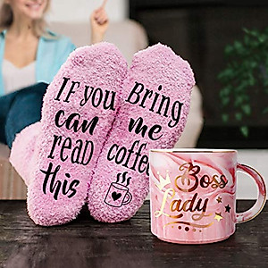 VINAKAS Boss Lady Gifts for Women – 12oz Gold Pink Ceramic Boss Lady Coffee Mug with Fuzzy and Funny Socks - Fun and Colorful Gifts for Mom. Fun Boss Gifts for Women to Make Her Smile