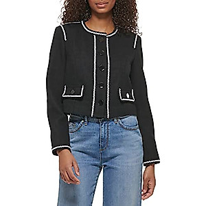 Karl Lagerfeld Paris Women's Tweed Long Sleeve Everyday Fashion Sport Jacket, Black, 4