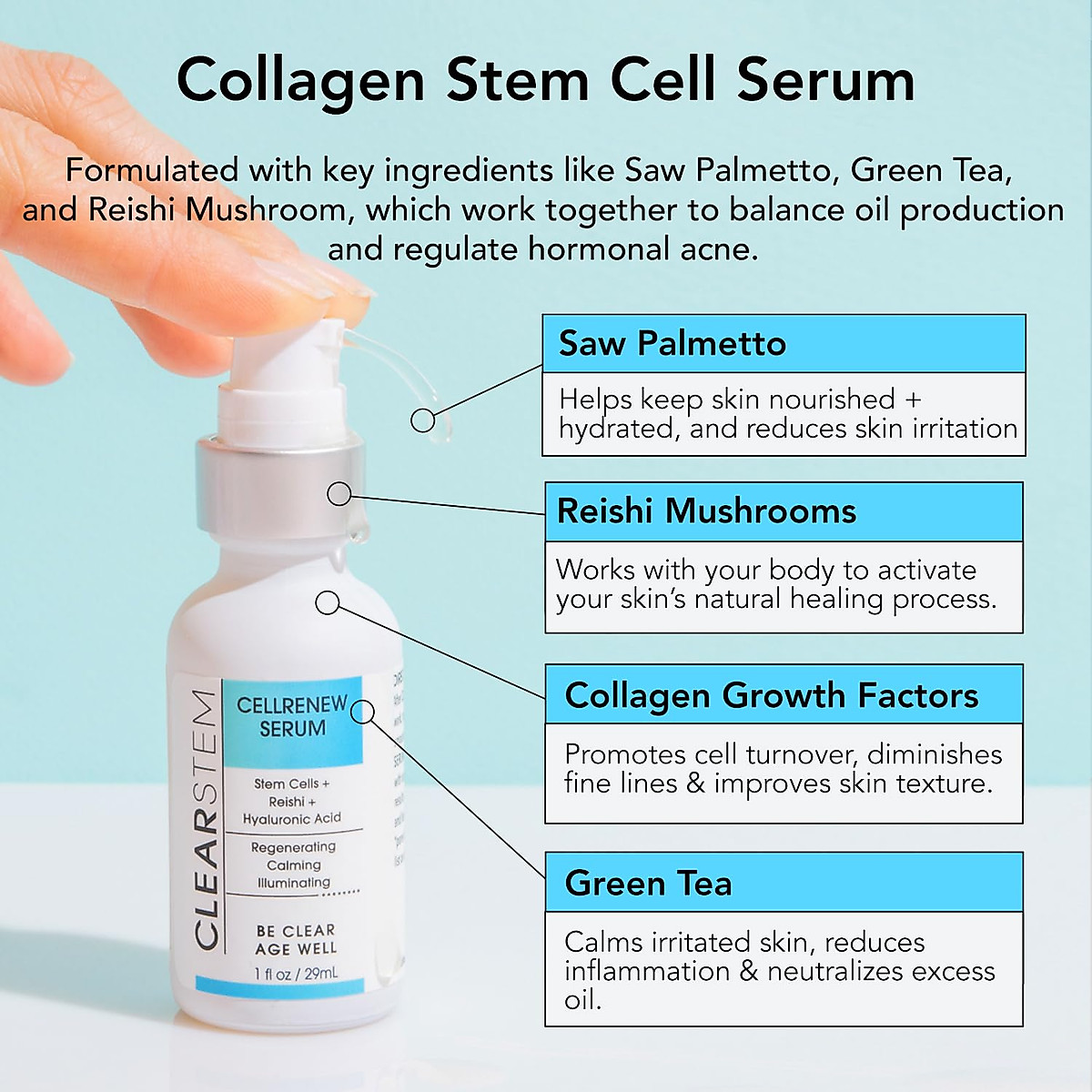 CLEARSTEM - CELLRENEW - Collagen Stem Cell Serum - Acne + Youthful Skin Face Serum - Hyaluronic Acid, Reishi, Aloe Vera - Facial Skin Care Products - Vegan, Gluten Free, Cruelty Free - 1 fl oz / 29ml
